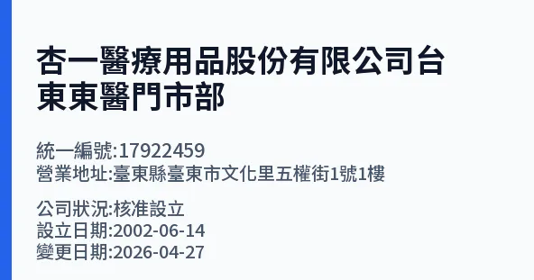 杏一醫療用品股份有限公司台東東醫門市部的照片-統編 17922459(臺東縣) 公司登記資料與營業項目詳細圖表