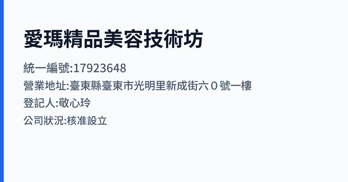 愛瑪精品美容技術坊 - 統編 17923648(臺東縣) 公司登記資料與營業項目詳細圖表