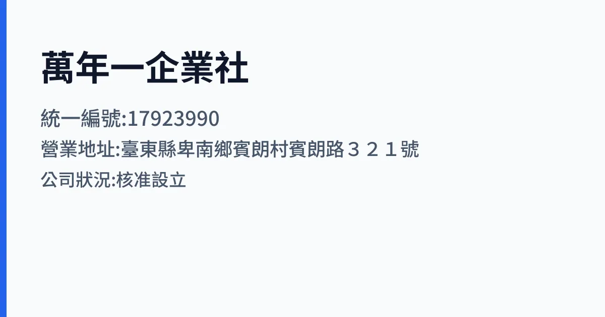 萬年一企業社 - 統編 17923990(臺東縣) 公司登記資料與營業項目詳細圖表