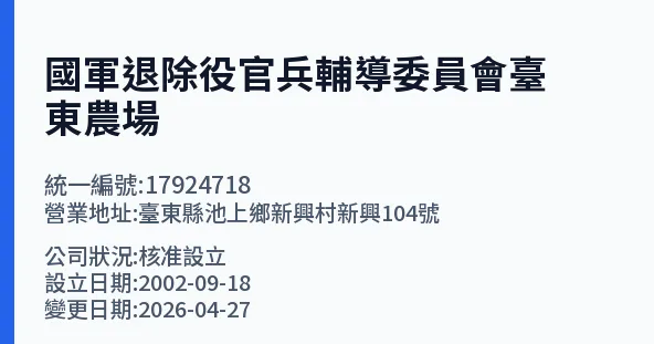 國軍退除役官兵輔導委員會臺東農場的照片-統編 17924718(臺東縣) 公司登記資料與營業項目詳細圖表