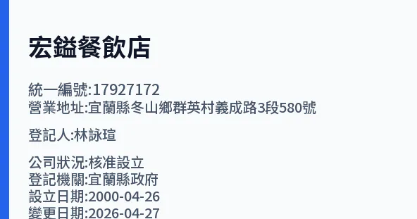 宏鎰餐飲店的照片-統編 17927172(宜蘭縣) 公司登記資料與營業項目詳細圖表