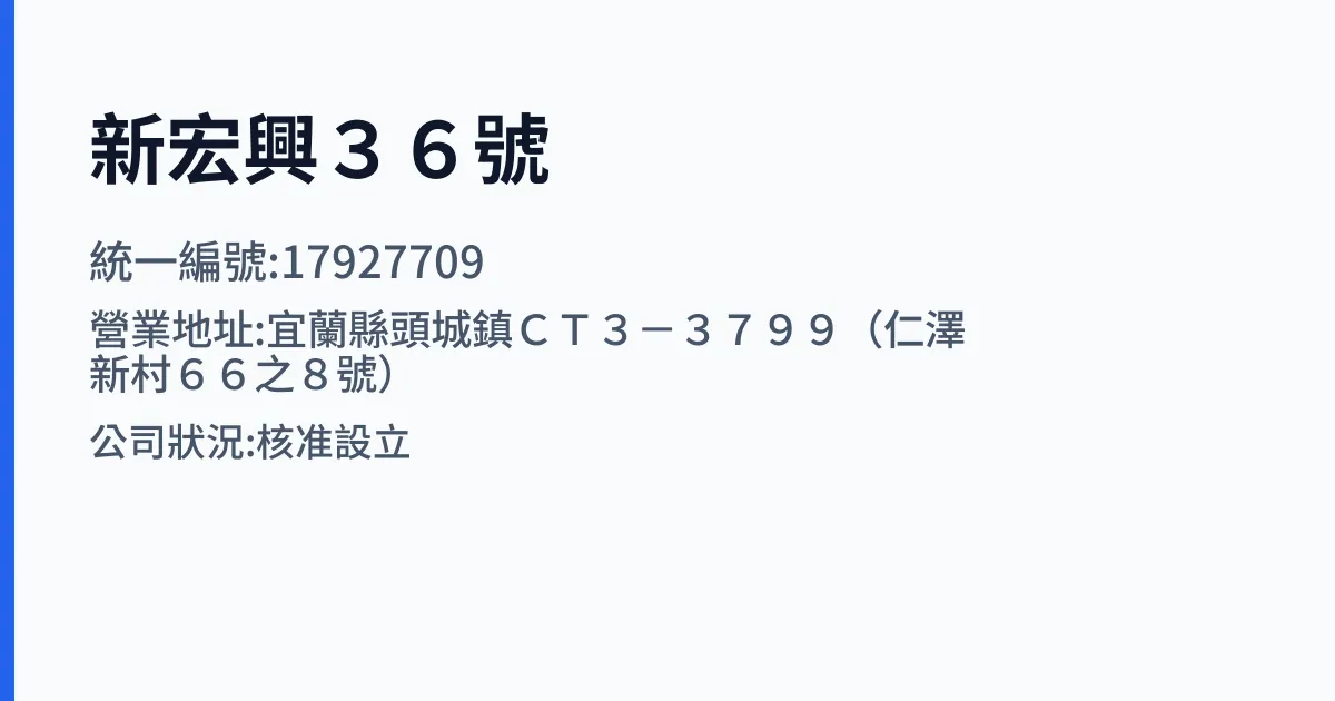 新宏興36號 - 統編 17927709(宜蘭縣) 公司登記資料與營業項目詳細圖表