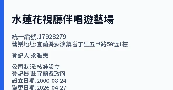 水蓮花視廳伴唱遊藝場的照片-統編 17928279(宜蘭縣) 公司登記資料與營業項目詳細圖表