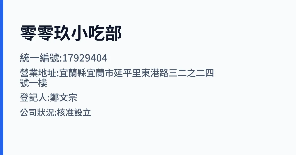 零零玖小吃部 - 統編 17929404(宜蘭縣) 公司登記資料與營業項目詳細圖表