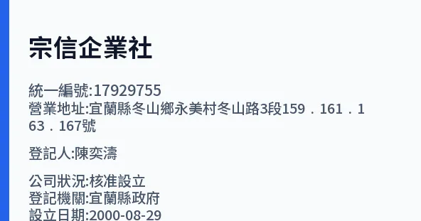 宗信企業社的照片-統編 17929755(宜蘭縣) 公司登記資料與營業項目詳細圖表