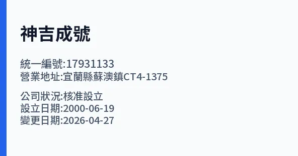 神吉成號的照片-統編 17931133(宜蘭縣) 公司登記資料與營業項目詳細圖表