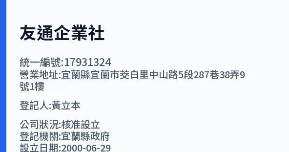 友通企業社的照片-統編 17931324(宜蘭縣) 公司登記資料與營業項目詳細圖表