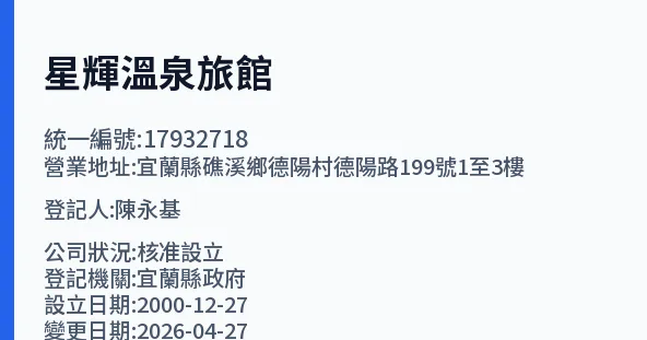 星輝溫泉旅館的照片-統編 17932718(宜蘭縣) 公司登記資料與營業項目詳細圖表