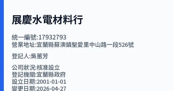 展慶水電材料行的照片-統編 17932793(宜蘭縣) 公司登記資料與營業項目詳細圖表