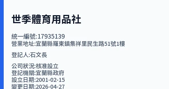 世季體育用品社的照片-統編 17935139(宜蘭縣) 公司登記資料與營業項目詳細圖表