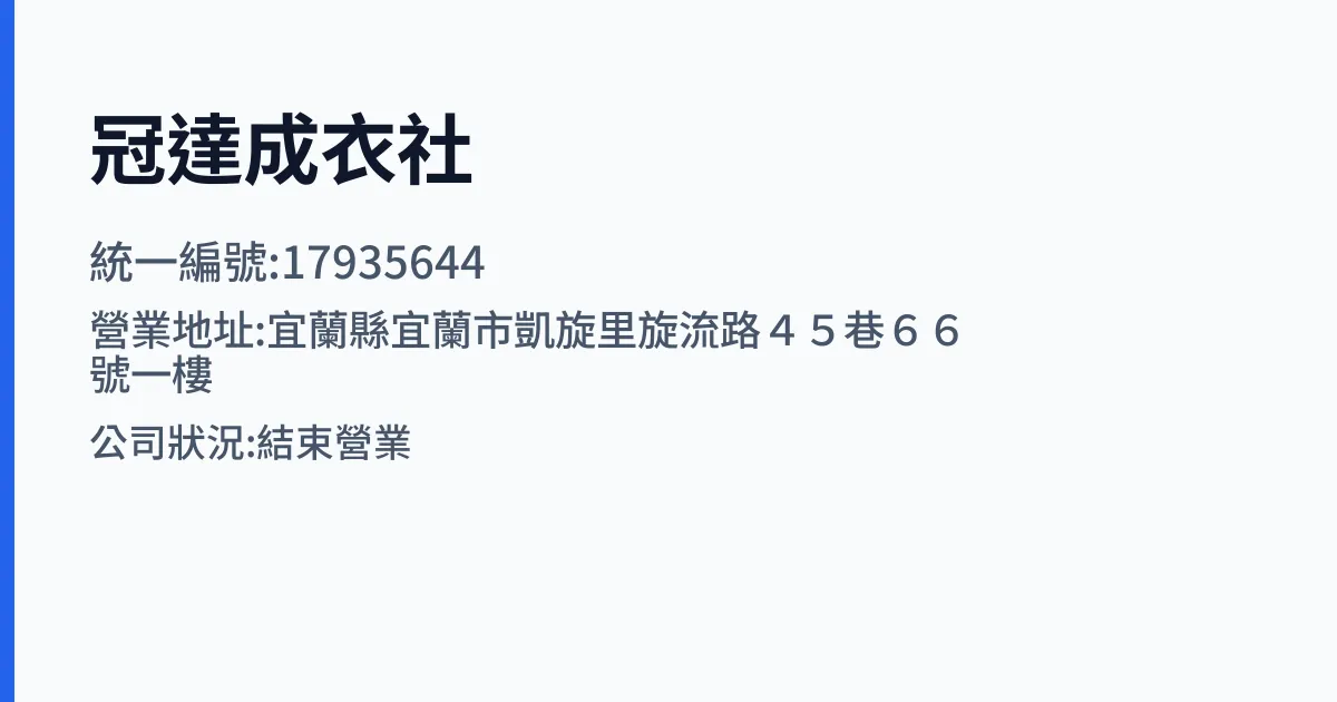 冠達成衣社 - 統編 17935644(宜蘭縣) 公司登記資料與營業項目詳細圖表