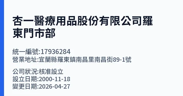 杏一醫療用品股份有限公司羅東門市部的照片-統編 17936284(宜蘭縣) 公司登記資料與營業項目詳細圖表