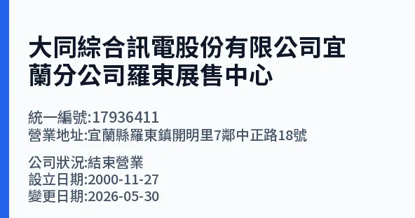 大同綜合訊電股份有限公司宜蘭分公司羅東展售中心的照片-統編 17936411(宜蘭縣) 公司登記資料與營業項目詳細圖表