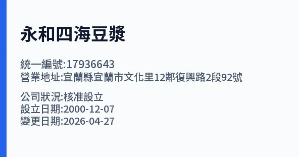 永和四海豆漿的照片-統編 17936643(宜蘭縣) 公司登記資料與營業項目詳細圖表