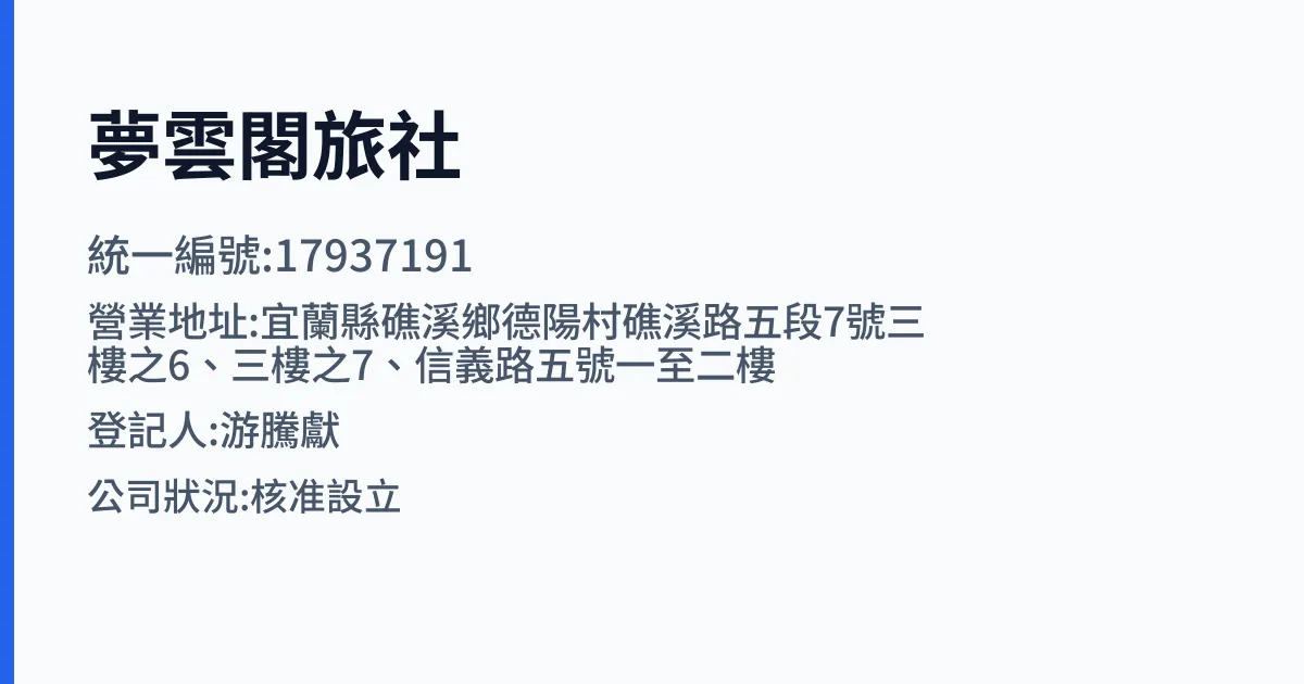 夢雲閣旅社 - 統編 17937191(宜蘭縣) 公司登記資料與營業項目詳細圖表