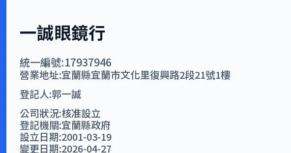 一誠眼鏡行的照片-統編 17937946(宜蘭縣) 公司登記資料與營業項目詳細圖表