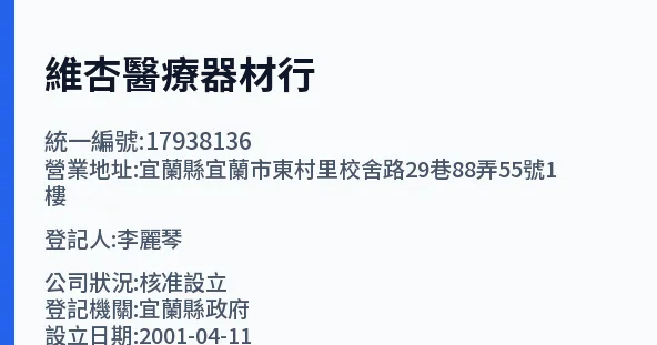 維杏醫療器材行的照片-統編 17938136(宜蘭縣) 公司登記資料與營業項目詳細圖表