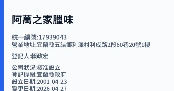 阿萬之家臘味的照片-統編 17939043(宜蘭縣) 公司登記資料與營業項目詳細圖表