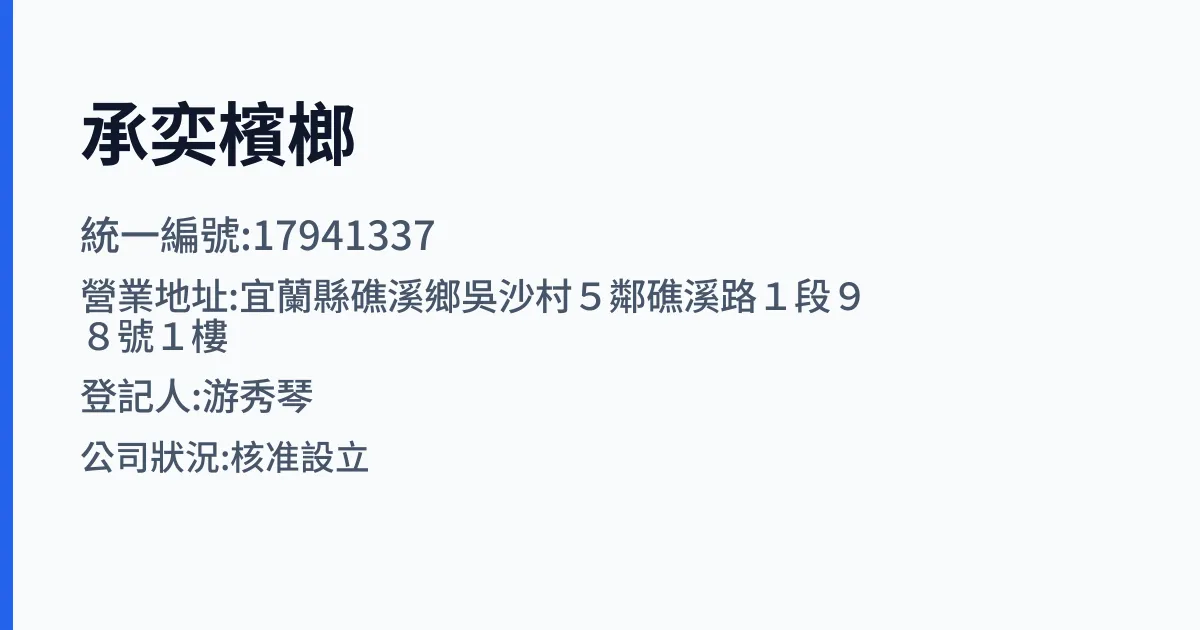 承奕檳榔 - 統編 17941337(宜蘭縣) 公司登記資料與營業項目詳細圖表
