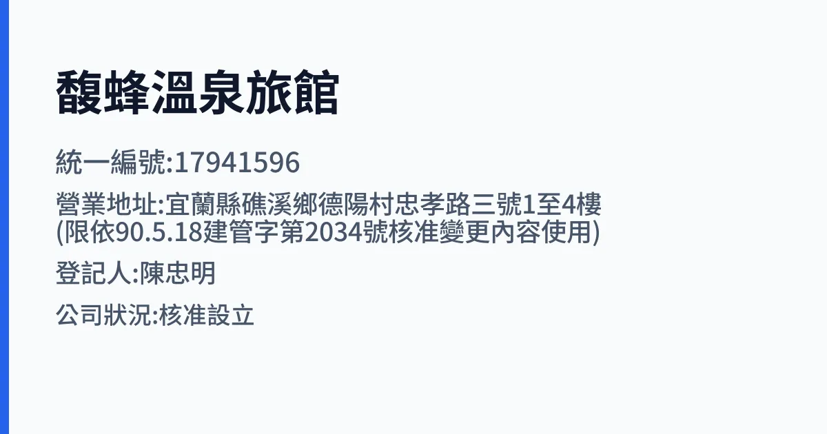 馥蜂溫泉旅館 - 統編 17941596(宜蘭縣) 公司登記資料與營業項目詳細圖表