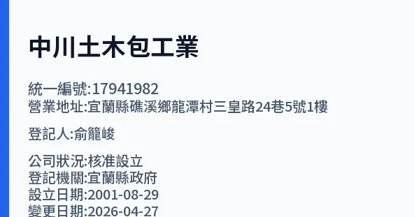 中川土木包工業的照片-統編 17941982(宜蘭縣) 公司登記資料與營業項目詳細圖表