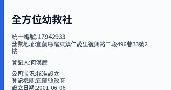 全方位幼教社的照片-統編 17942933(宜蘭縣) 公司登記資料與營業項目詳細圖表