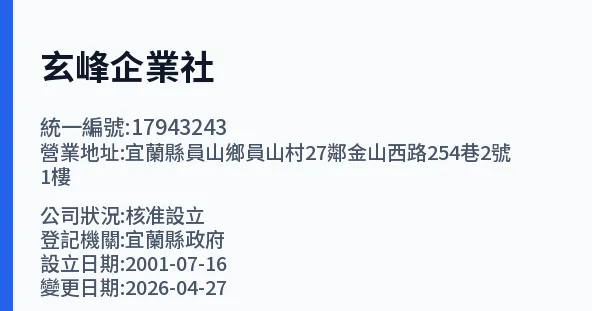 玄峰企業社的照片-統編 17943243(宜蘭縣) 公司登記資料與營業項目詳細圖表