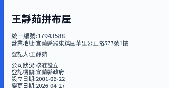 王靜茹拼布屋的照片-統編 17943588(宜蘭縣) 公司登記資料與營業項目詳細圖表