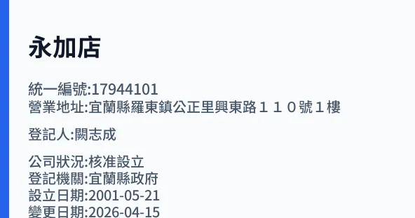 永加店的照片-統編 17944101(宜蘭縣) 公司登記資料與營業項目詳細圖表