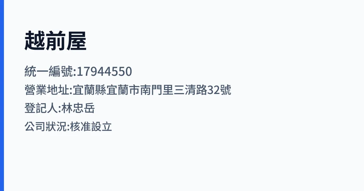越前屋 - 統編 17944550(宜蘭縣) 公司登記資料與營業項目詳細圖表