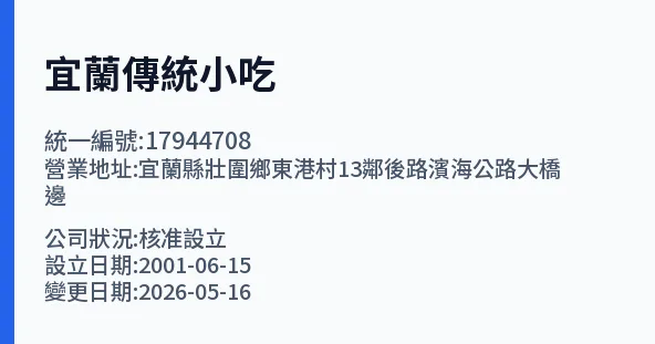 宜蘭傳統小吃的照片-統編 17944708(宜蘭縣) 公司登記資料與營業項目詳細圖表