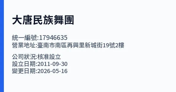 大唐民族舞團的照片-統編 17946635(臺南市) 公司登記資料與營業項目詳細圖表