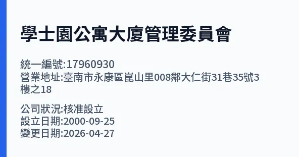 學士園公寓大廈管理委員會的照片-統編 17960930(臺南市) 公司登記資料與營業項目詳細圖表