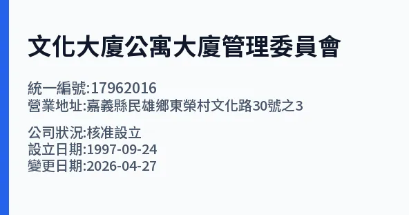文化大廈公寓大廈管理委員會的照片-統編 17962016(嘉義縣) 公司登記資料與營業項目詳細圖表