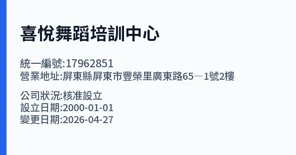 喜悅舞蹈培訓中心的照片-統編 17962851(屏東縣) 公司登記資料與營業項目詳細圖表