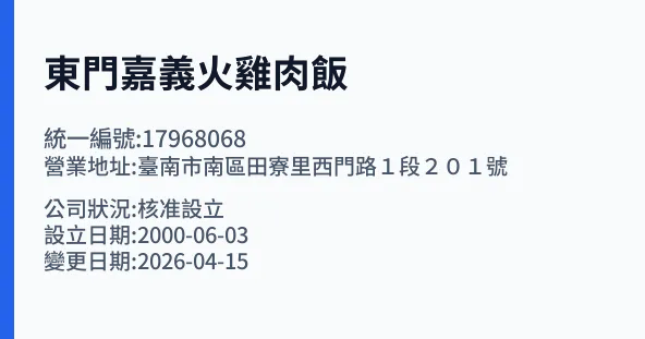 東門嘉義火雞肉飯的照片-統編 17968068(臺南市) 公司登記資料與營業項目詳細圖表