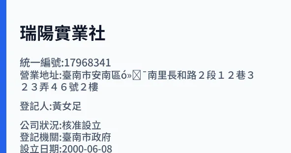 瑞陽實業社的照片-統編 17968341(臺南市) 公司登記資料與營業項目詳細圖表