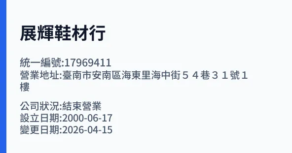 展輝鞋材行的照片-統編 17969411(臺南市) 公司登記資料與營業項目詳細圖表