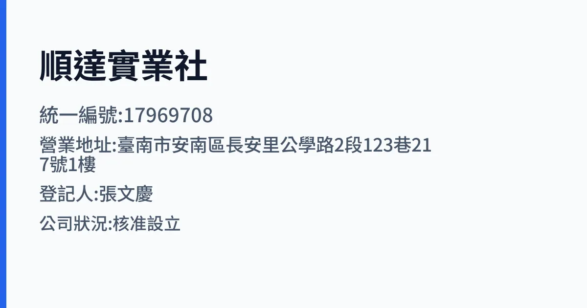 順達實業社 - 統編 17969708(臺南市) 公司登記資料與營業項目詳細圖表