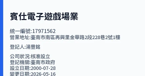 賓仕電子遊戲場業的照片-統編 17971562(臺南市) 公司登記資料與營業項目詳細圖表