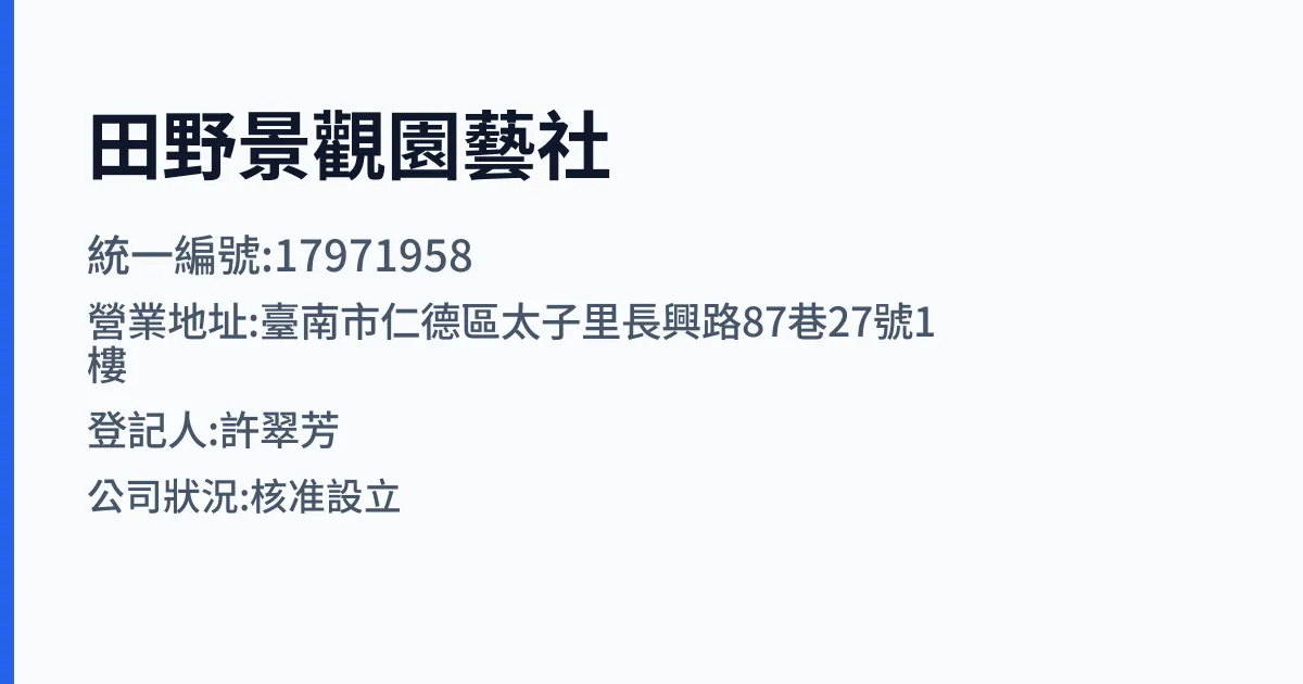 田野景觀園藝社 - 統編 17971958(臺南市) 公司登記資料與營業項目詳細圖表