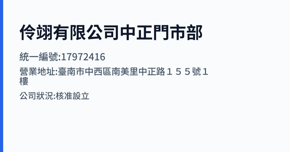 伶翊有限公司中正門市部 - 統編 17972416(臺南市) 公司登記資料與營業項目詳細圖表