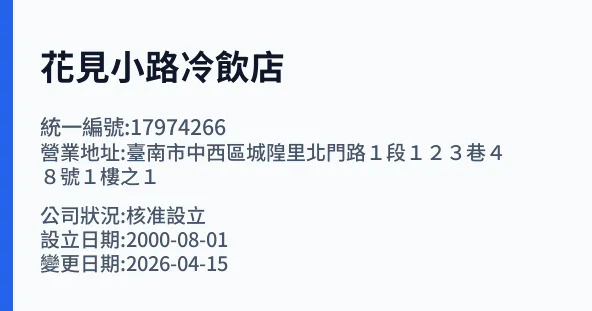 花見小路冷飲店的照片-統編 17974266(臺南市) 公司登記資料與營業項目詳細圖表