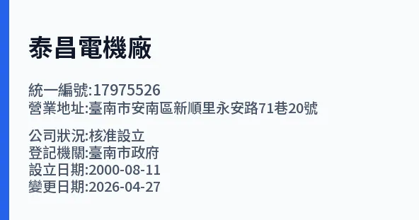 泰昌電機廠的照片-統編 17975526(臺南市) 公司登記資料與營業項目詳細圖表