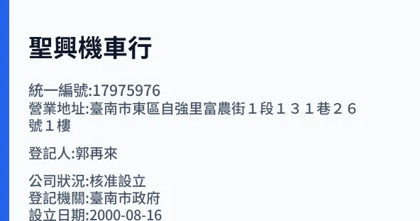 聖興機車行的照片-統編 17975976(臺南市) 公司登記資料與營業項目詳細圖表