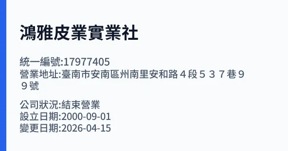 鴻雅皮業實業社的照片-統編 17977405(臺南市) 公司登記資料與營業項目詳細圖表