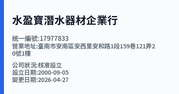 水盈寶潛水器材企業行的照片-統編 17977833(臺南市) 公司登記資料與營業項目詳細圖表