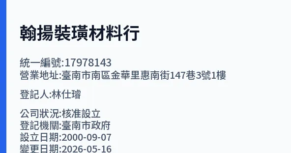 翰揚裝璜材料行的照片-統編 17978143(臺南市) 公司登記資料與營業項目詳細圖表
