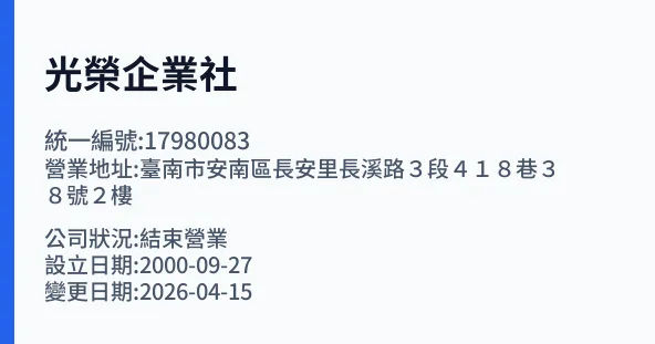 光榮企業社的照片-統編 17980083(臺南市) 公司登記資料與營業項目詳細圖表