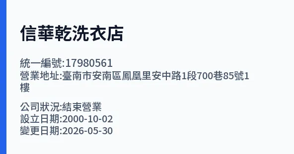 信華乾洗衣店的照片-統編 17980561(臺南市) 公司登記資料與營業項目詳細圖表
